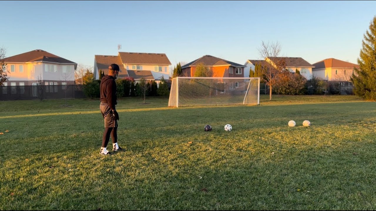 Dribbling through cones, then shooting right foot left foot placement ...