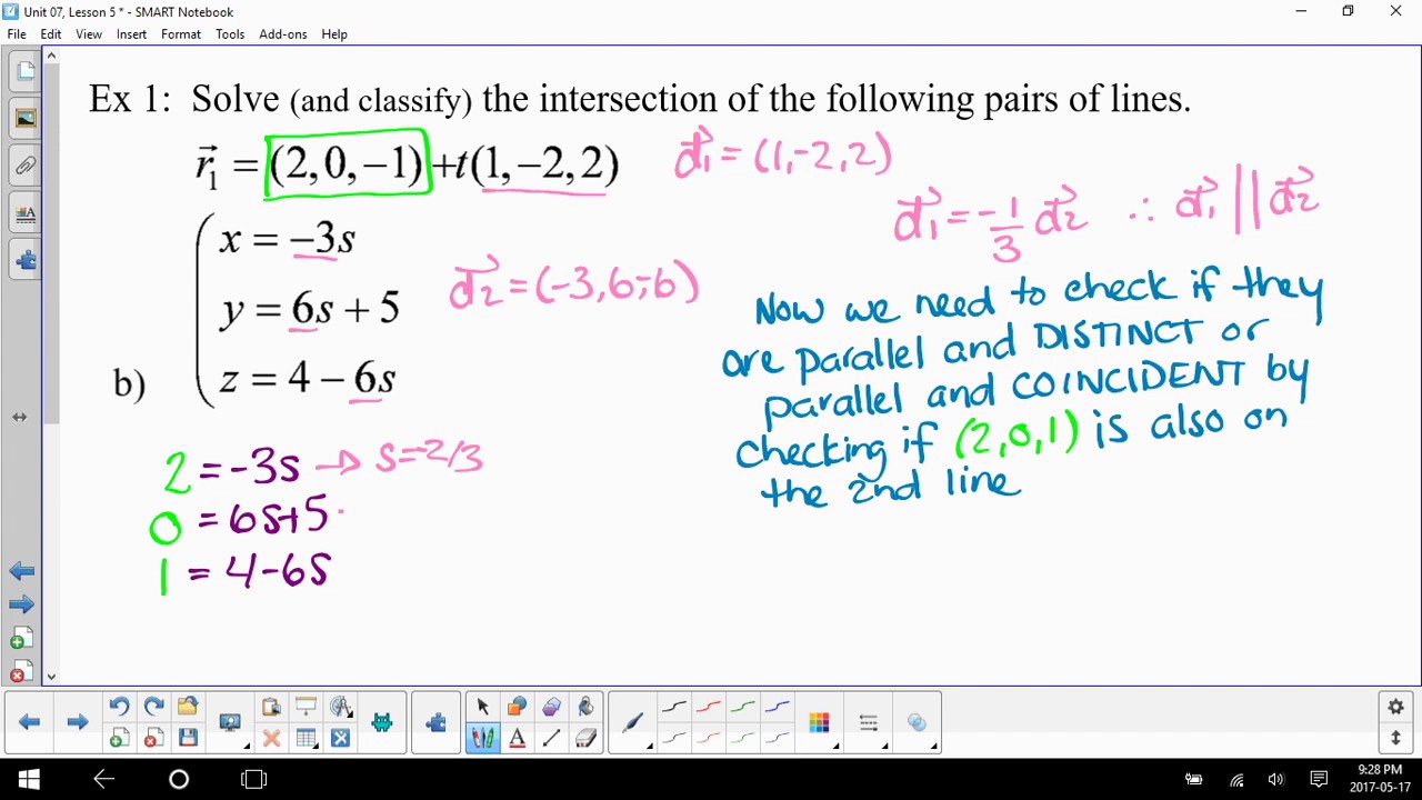 Intersection of 2 lines in 3-space (parallel and distinct) (short - no ...
