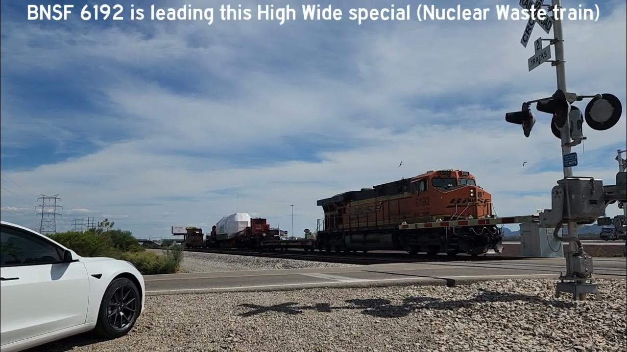 HIGH-WIDE SPECIAL! WOOT WOOT! BNSF 6192 Leads Nuclear Waste Train Westbound, Massingale Rd ...
