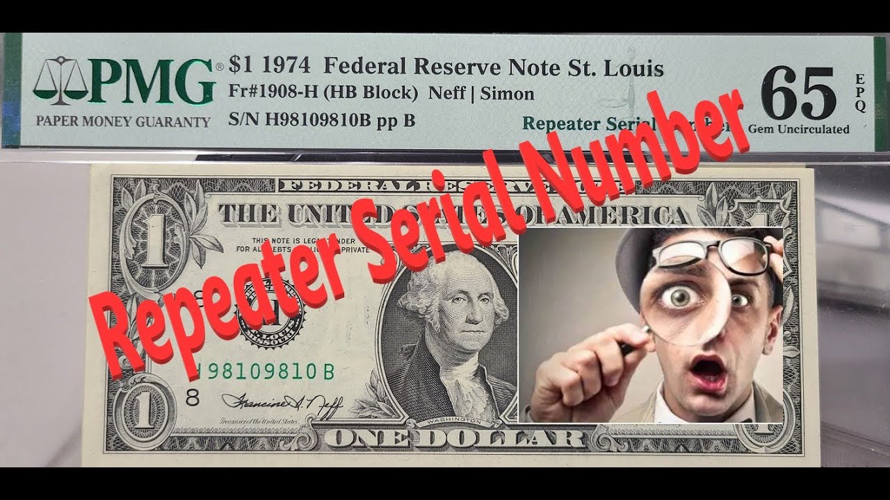 $1 1974 Repeater Serial Number Federal Reserve Currency Bank Note Bill ...