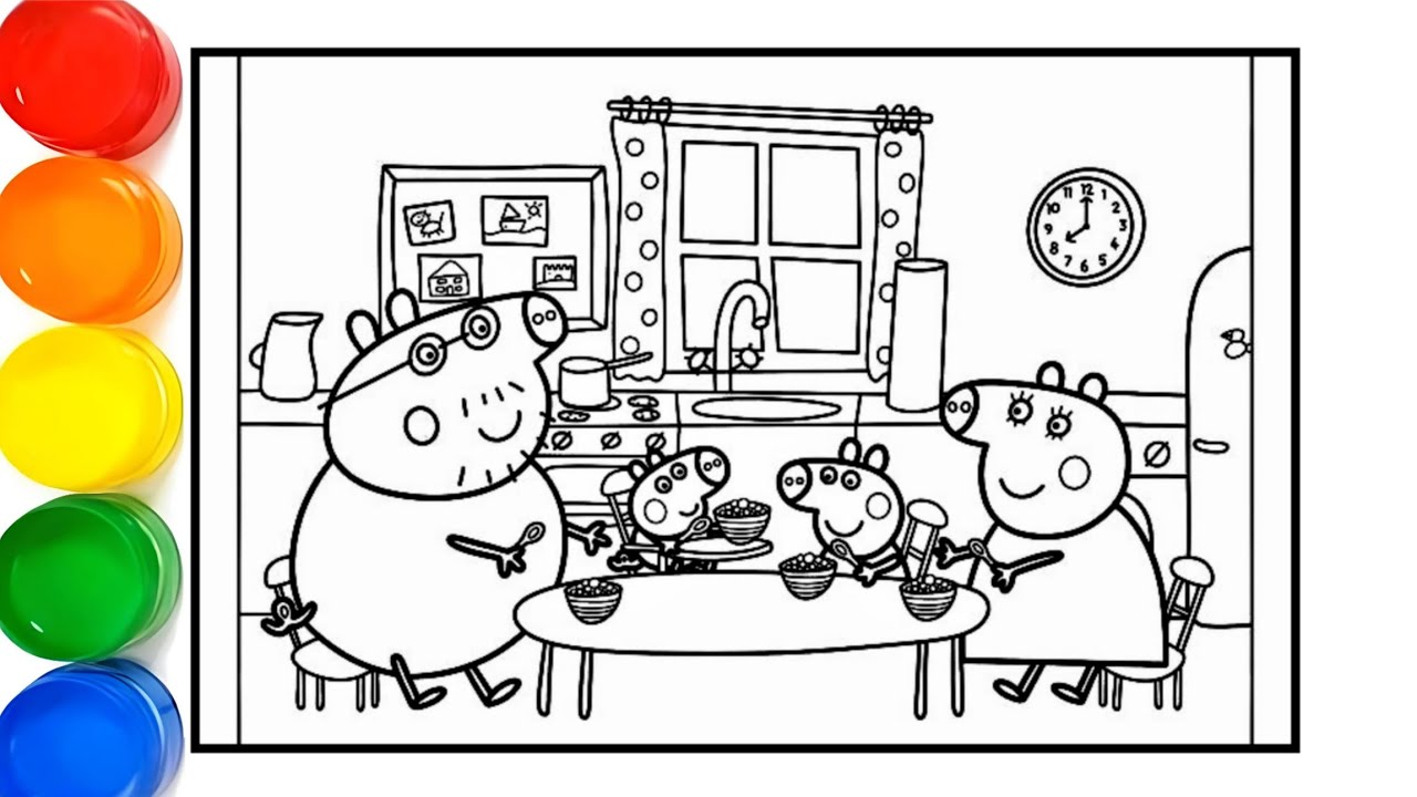 Daddy Pig, Mummy Pig, Peppa Pig Eating Breakfast Together Drawing and ...