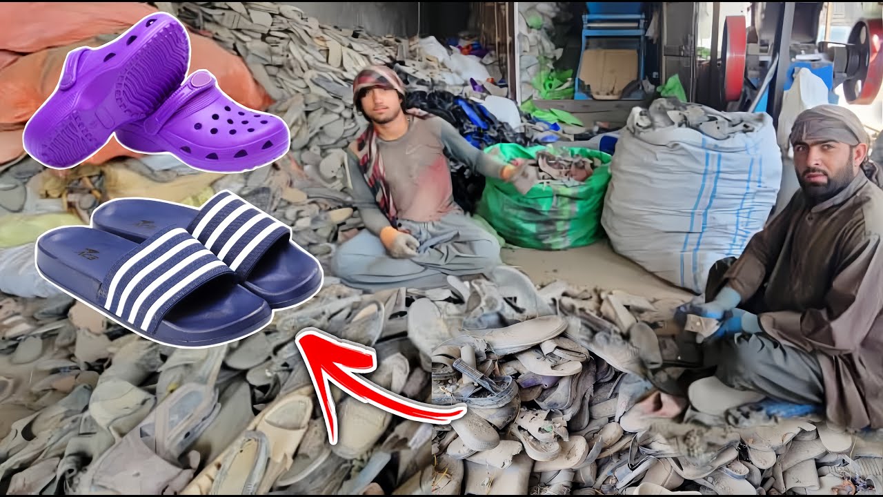Process of recycling old plastic shoes to make new plastic shoes ...