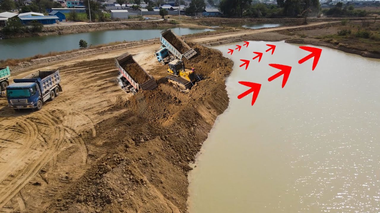 Deep Water Fill Soil By Bigger Bulldozer D60P & Dump Truck Wheel 10 For ...