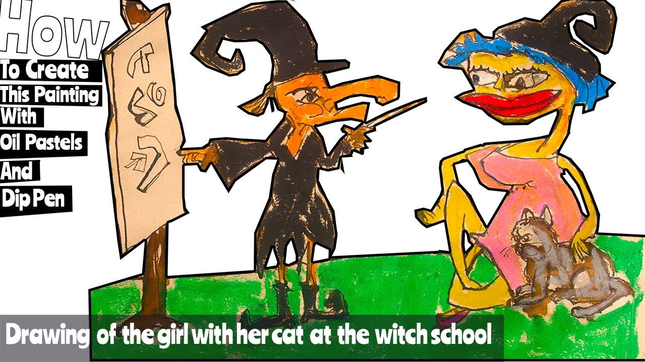 How to draw halloween witch | Drawing of the girl with her cat | Easy ...