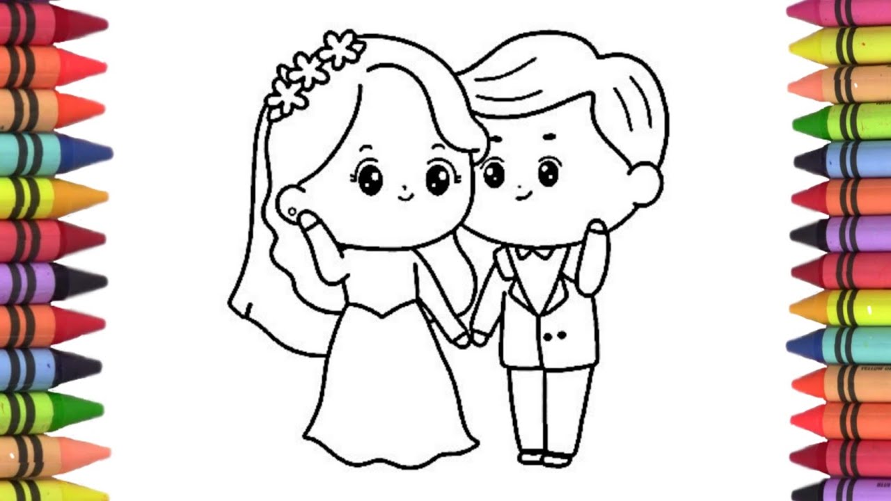 How to draw cute bride and groom for kids, bride and groom drawing ...