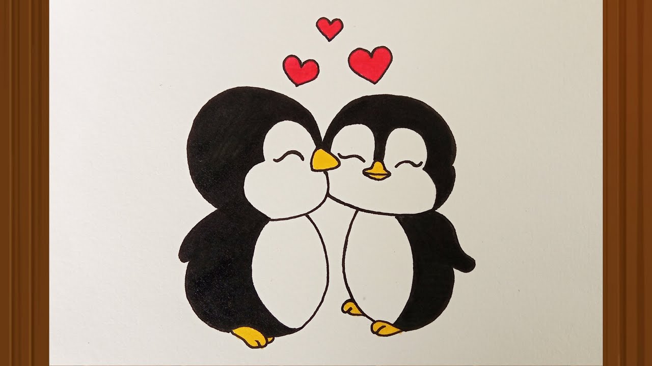 How to draw cute penguins with hearts for Valentine's Day / Valentine's ...