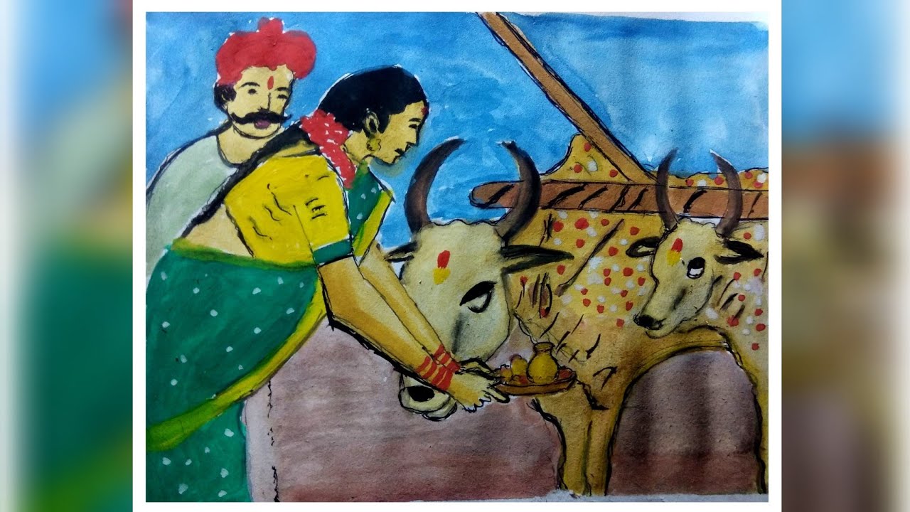 Easy bail pola drawing with water colours /Bail pola Indians festival ...