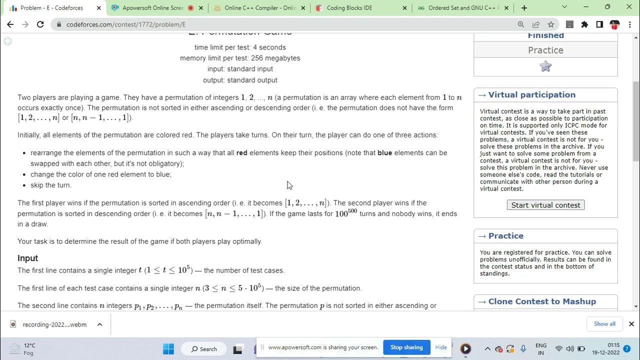 Codeforces Round 839 Div 3 Prob E Permutation Game Date 181222 Youtube