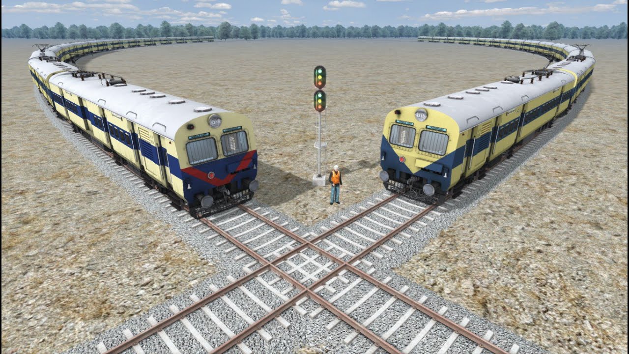 Two Electric Trains Crossing each other at Same Track - Forked Railroad ...