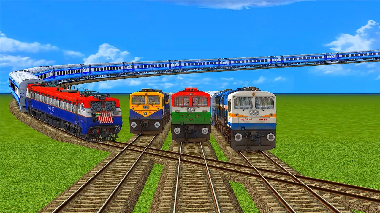 4 Colorful Trains Crossing On Flying Railroad Tracks | Jalur Rel Kereta ...