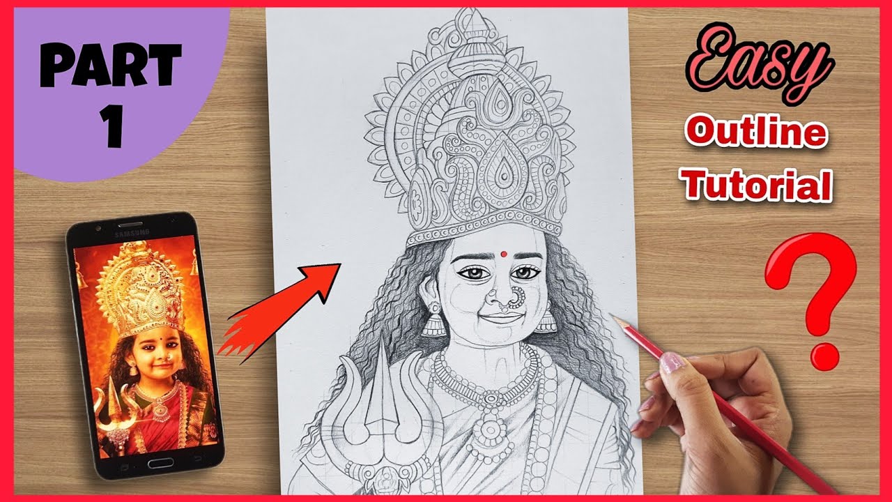 Maa Durga Beautiful Drawing, Outline Tutorial, Durga Mata Drawing ...