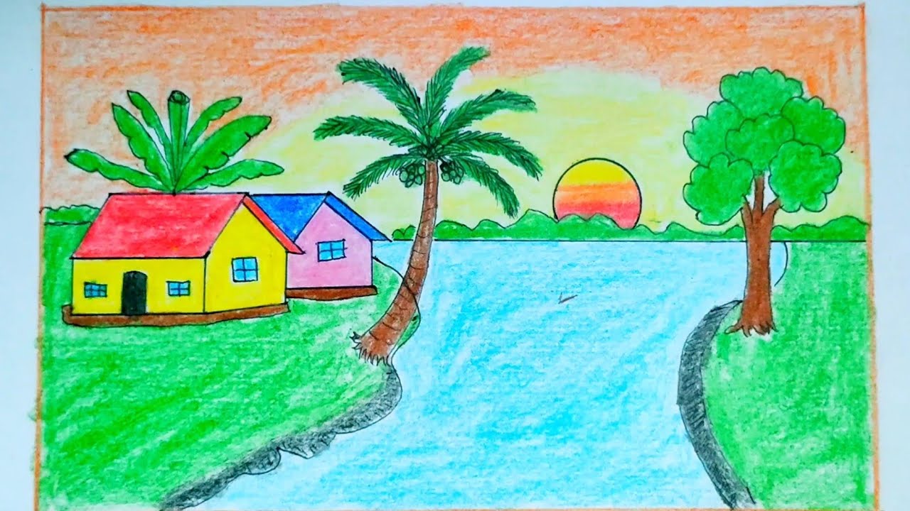 Easy house scenery drawing, how to draw a scenery step by step ...