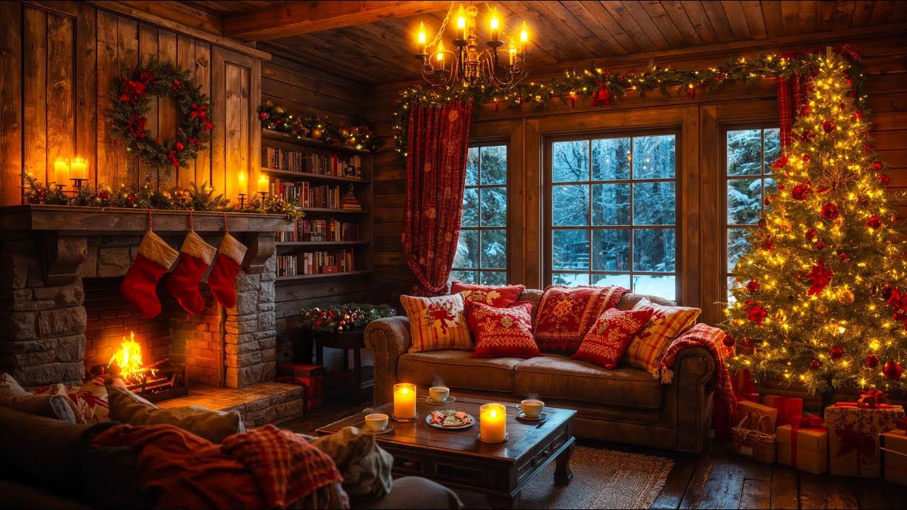 Calming Christmas Music on a Snowy Day with Crackling Fireplace - Cozy ...