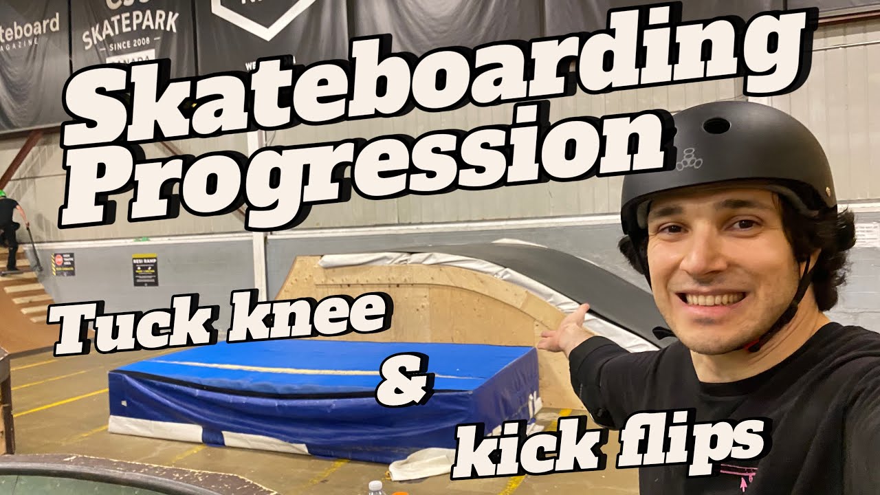 Skateboarding Progression: Tuck knee and Kick Flip Down 5 Stair ...