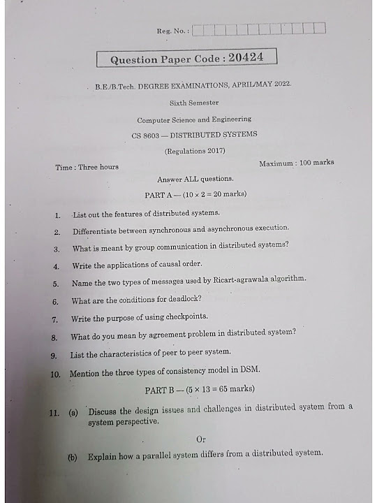 April/May 2022 CS8603 Distributed Systems Question Paper - YouTube