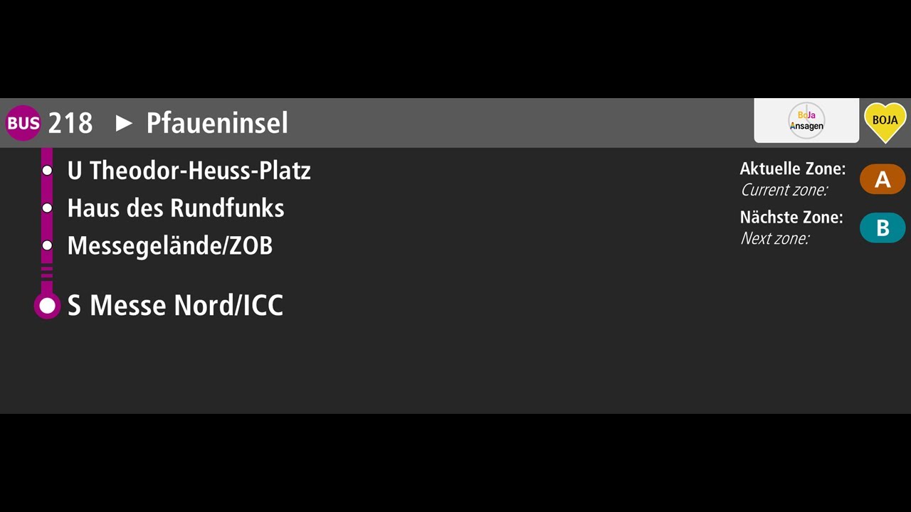 BVG Ansagen | 218 Berlin Messe Nord/ICC - Pfaueninsel | BoJa Ansagen ...