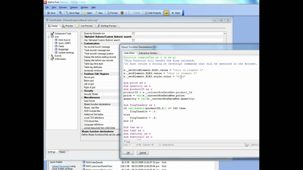 V11 Action Javascript User Defined Ajax Callback Setting Grid 9091