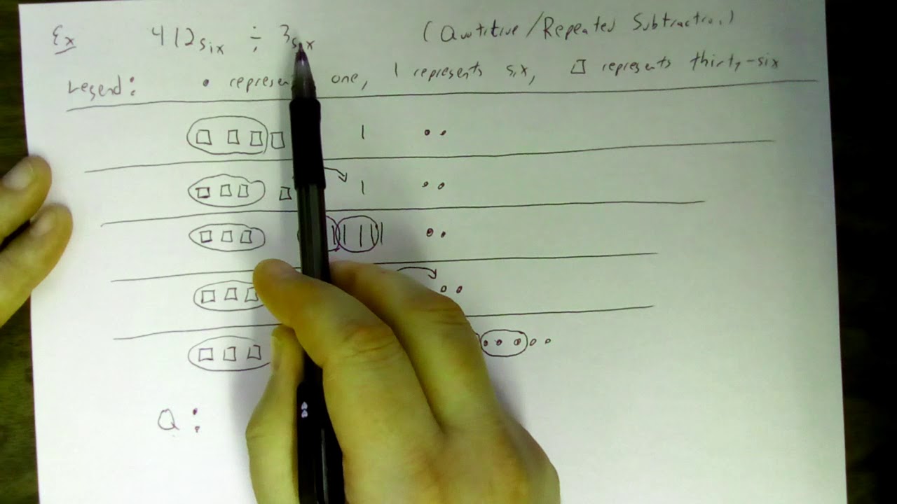 Base Six Division Example (Quotitive/Repeated Subtraction view) - YouTube