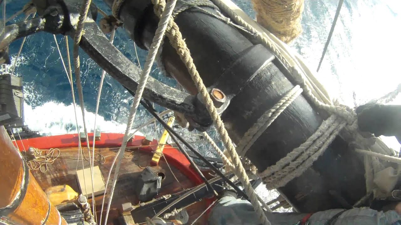 Furling fore-course sail on HMS Bounty and broken topmast - YouTube