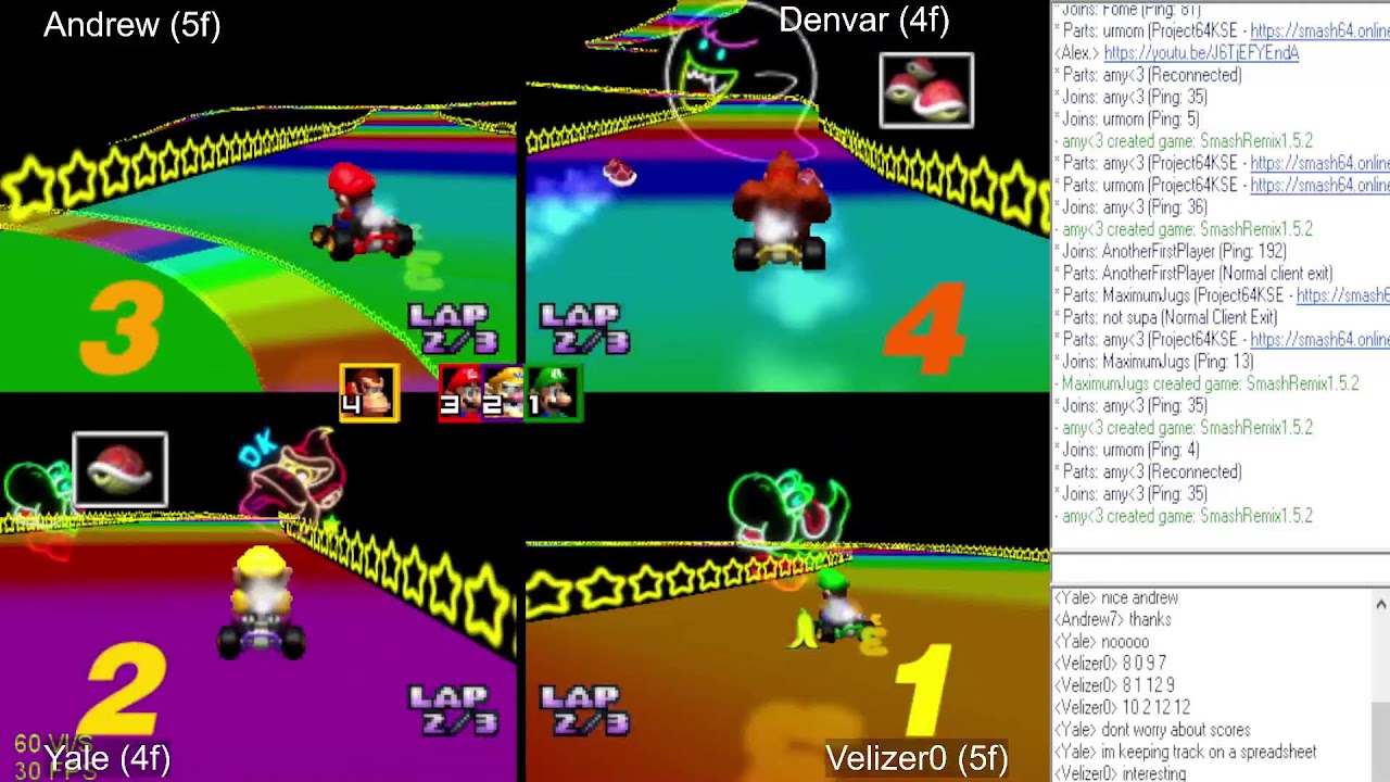 Mario Kart 64 Kaillera Netplay - Andrew vs Denvar vs Yale vs Velizer0 ...
