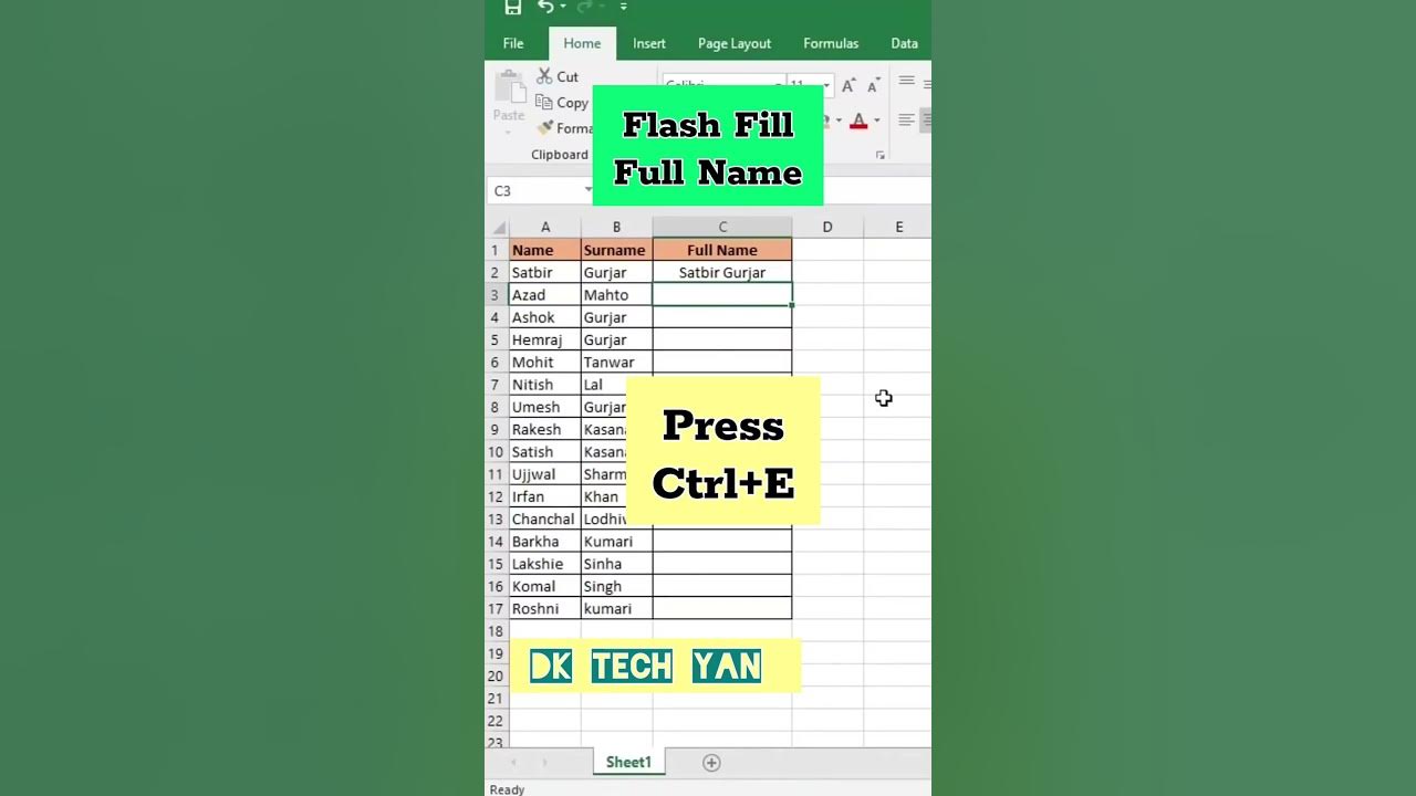 Flash Fill Full Name in Excel #exceltips #exceltricks #shorts #youtubeshorts - YouTube