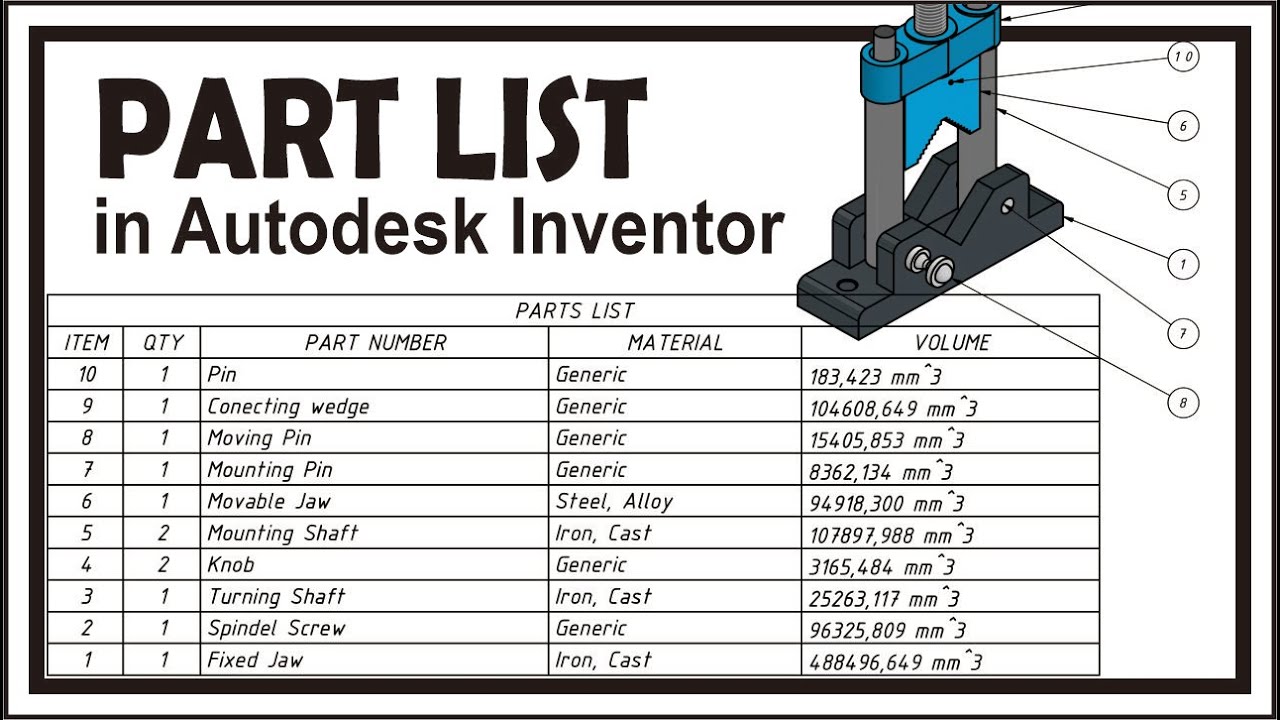 CARA MEMBUAT DAN MENAMBAHKAN ITEM PART LIST DI INVENTOR - YouTube