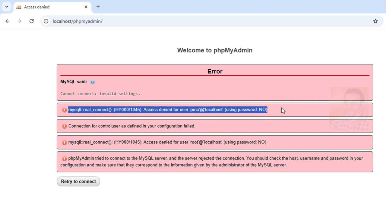 Solve Error mysqli::real_connect(): (HY000/1045): Access denied for user 'pma'@'localhost' - YouTube