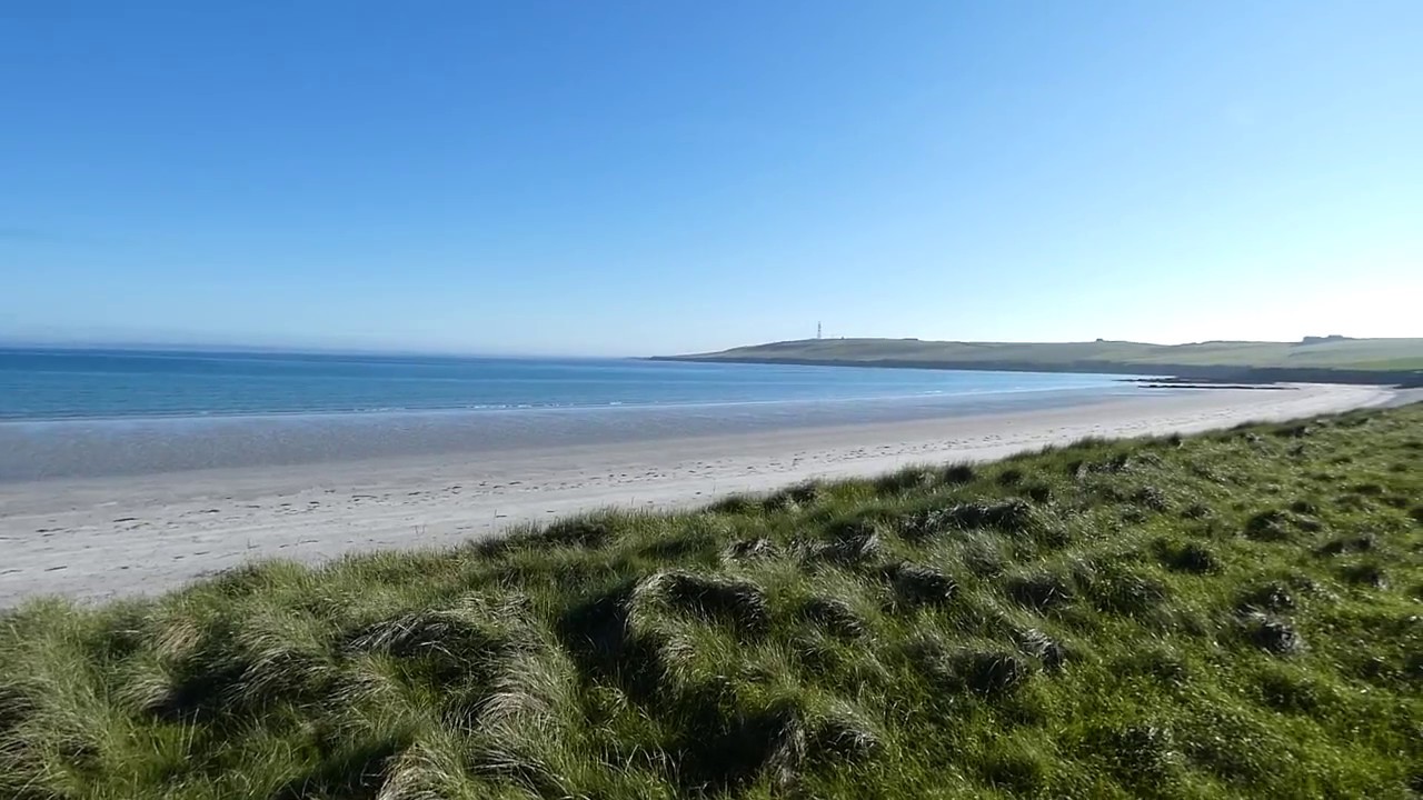 Panorama of Backaskaill Bay beach, island of Sanday Orkney Scotland UK ...