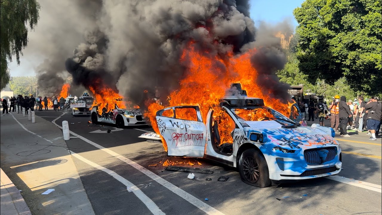 LA Riots: Waymo Vehicles Destroyed, Set on Fire in Downtown Los Angeles ...