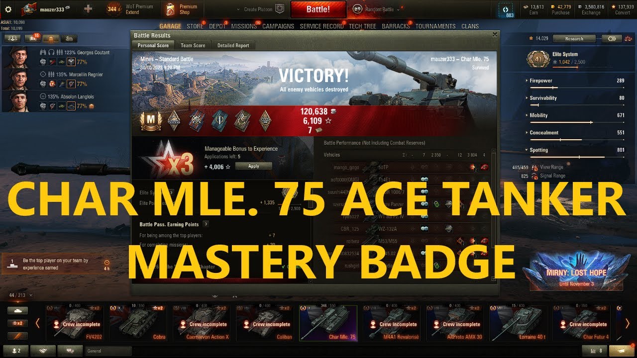 WoT - CHAR MLE .75 ACE TANKER MASTERY BADGE - YouTube