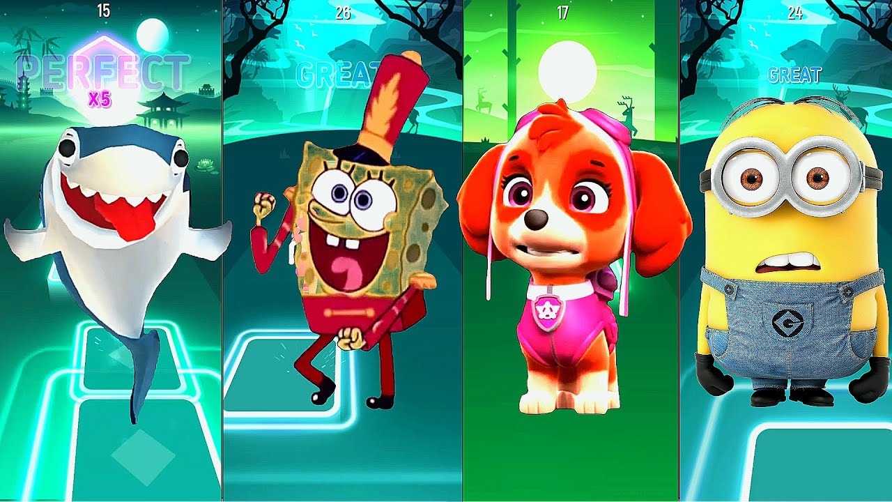 Shark baby VS SpongeBob VS Skye VS Minion Tiles Hop Game - YouTube