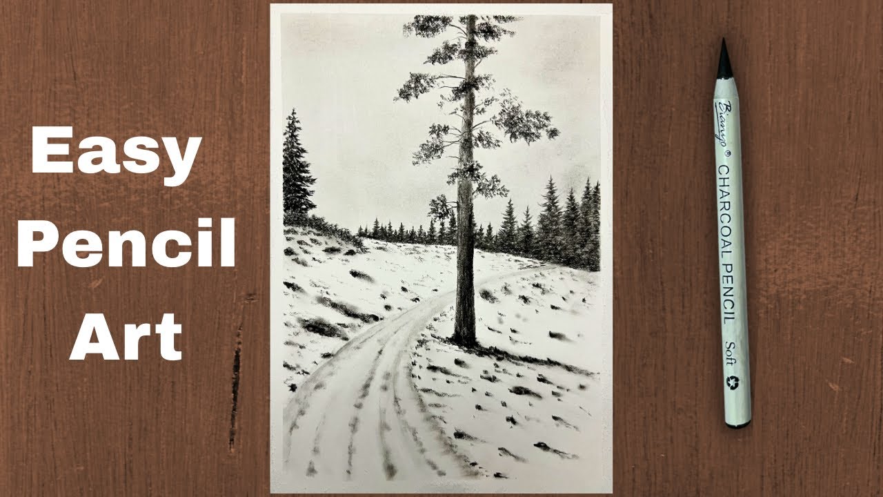 Beautiful Winter Forest Landscape Drawing | Charcoal Pencil Scenery Art ...