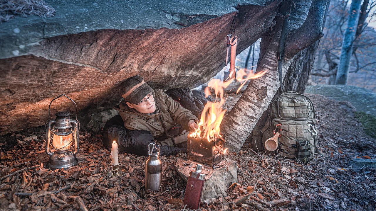 Bushcraft Rock Shelter - Slept under a Rock - Campfire Cooking - YouTube