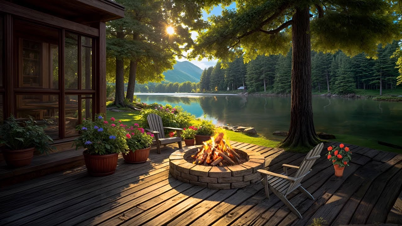 Cozy Summer Morning Calm: Lakeside Fire Pit & Birdsong Ambience - YouTube