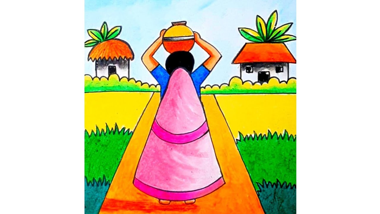 How To Draw Easy Scenery/ Easy Village Scenery Drawing - YouTube