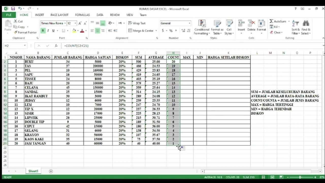 CARA MENGGUNAKAN RUMUS DASAR EXCEL YAITU SUM, AVERAGE, COUNT/COUNTA, MAX, MIN, DAN DISKON - YouTube