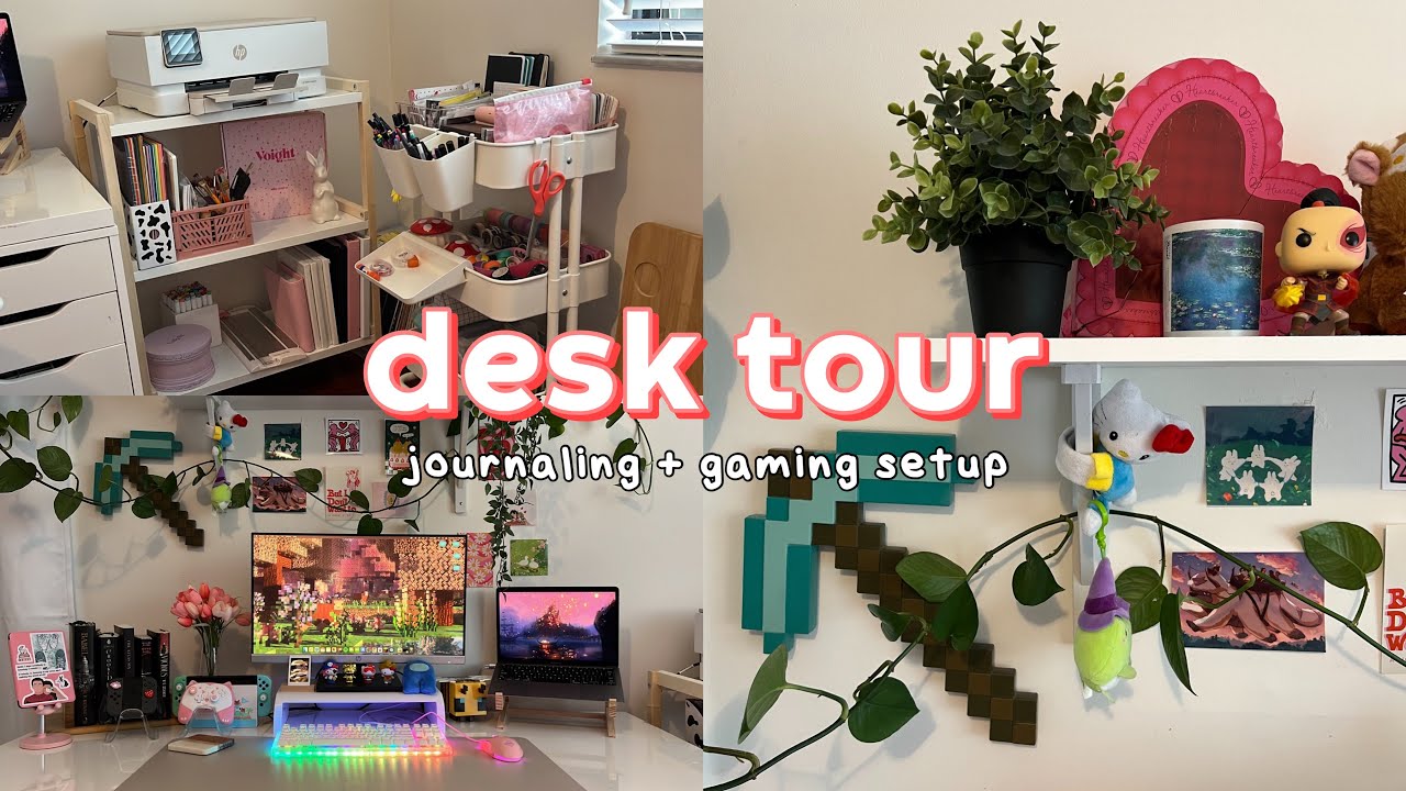 2022 pink aesthetic desk tour 🌷 colorful gaming and journaling setup ...