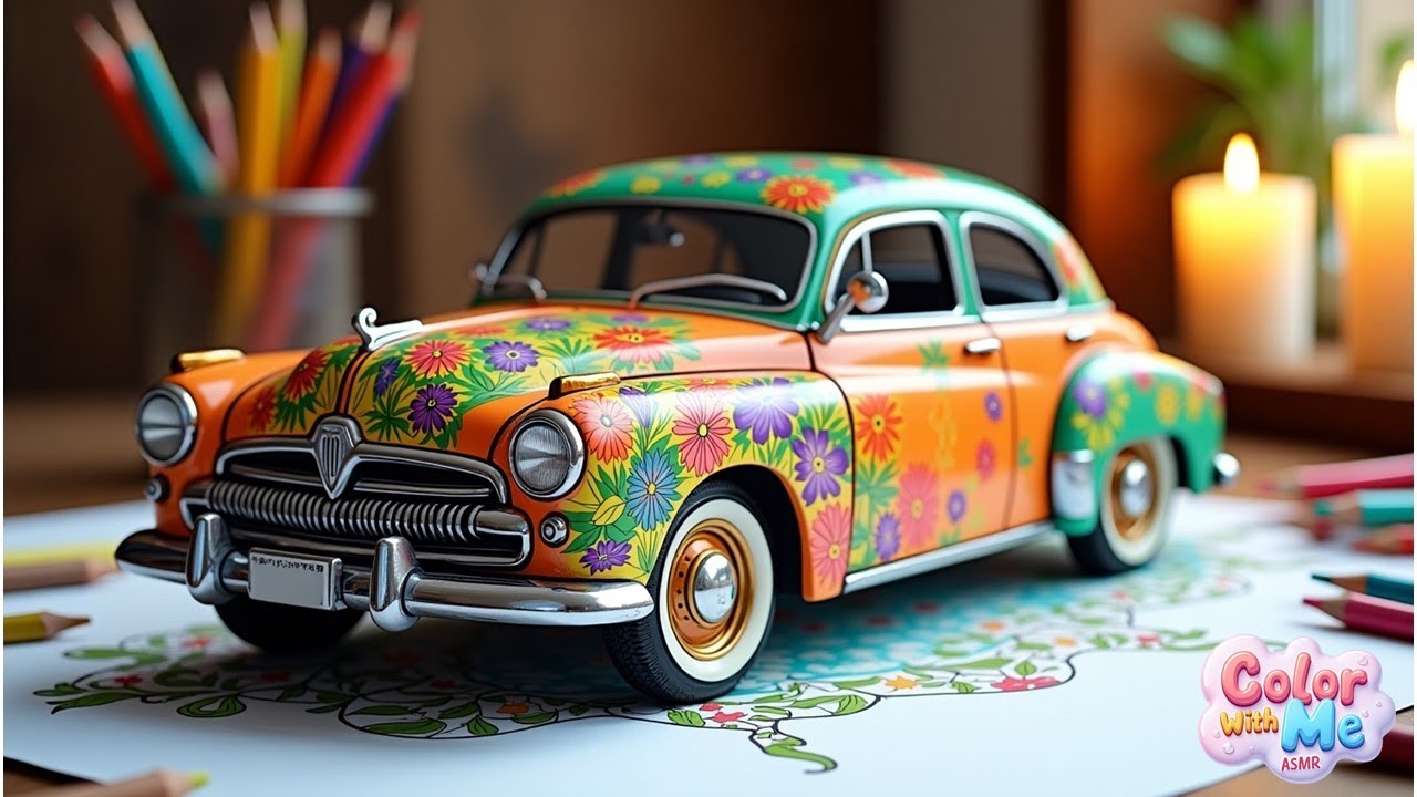 Color with me🌈 Relaxing ASMR Coloring Vibrant Retro Car Soothing Color ...