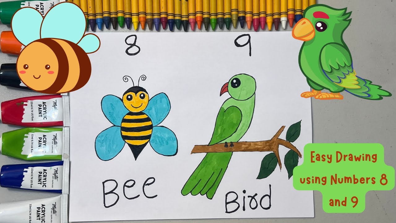 How to Draw a Bee and a Bird using the numbers 8 and 9 | Simple and ...