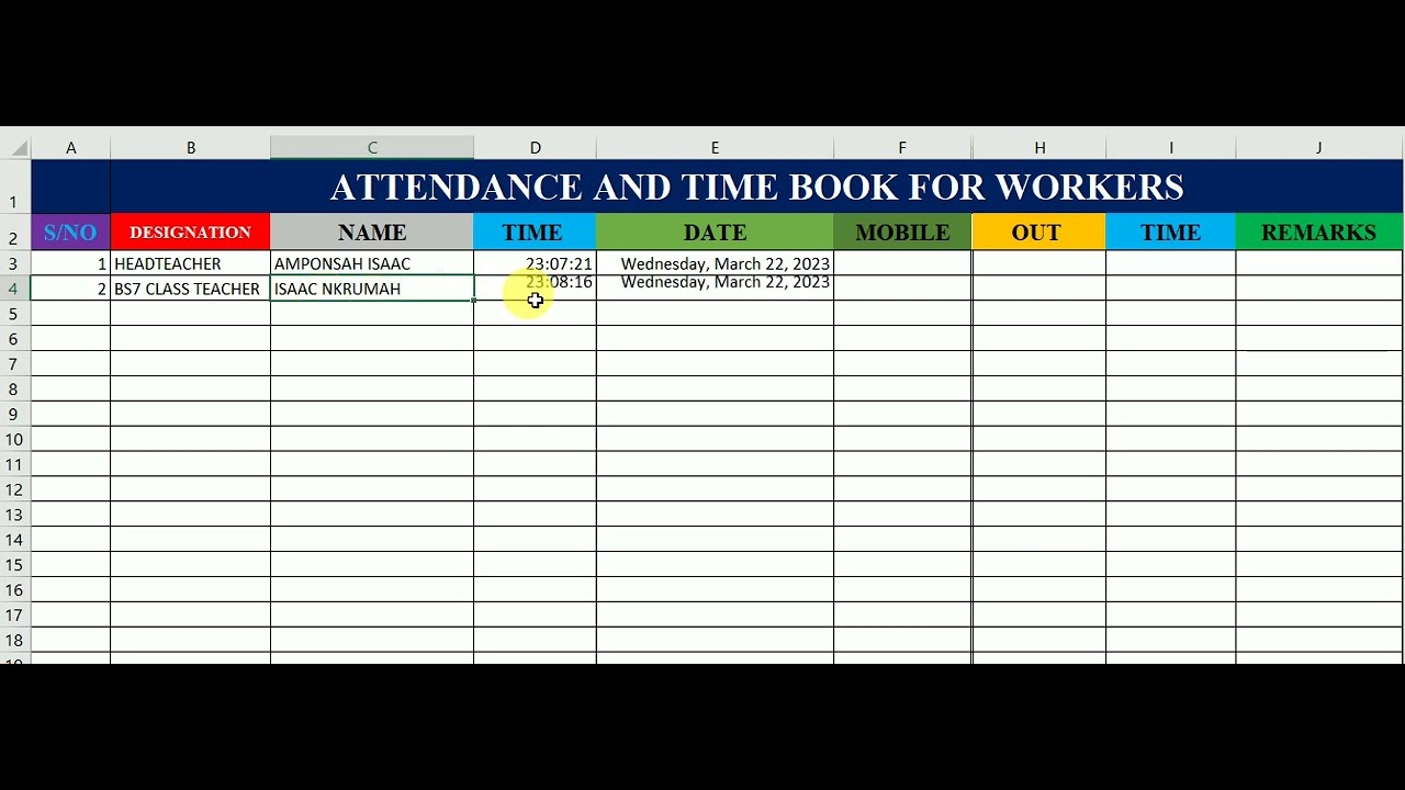Staff Attendance Book in Excel. #Staff #Workers #Attendancebook #excel ...