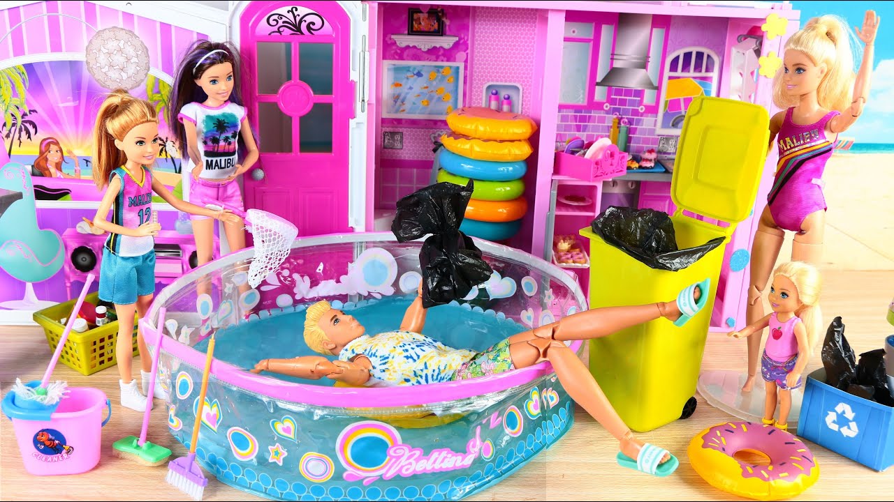 Pool Prank Fun | What a Mess after the Party | Barbie Dolls Clean Up ...