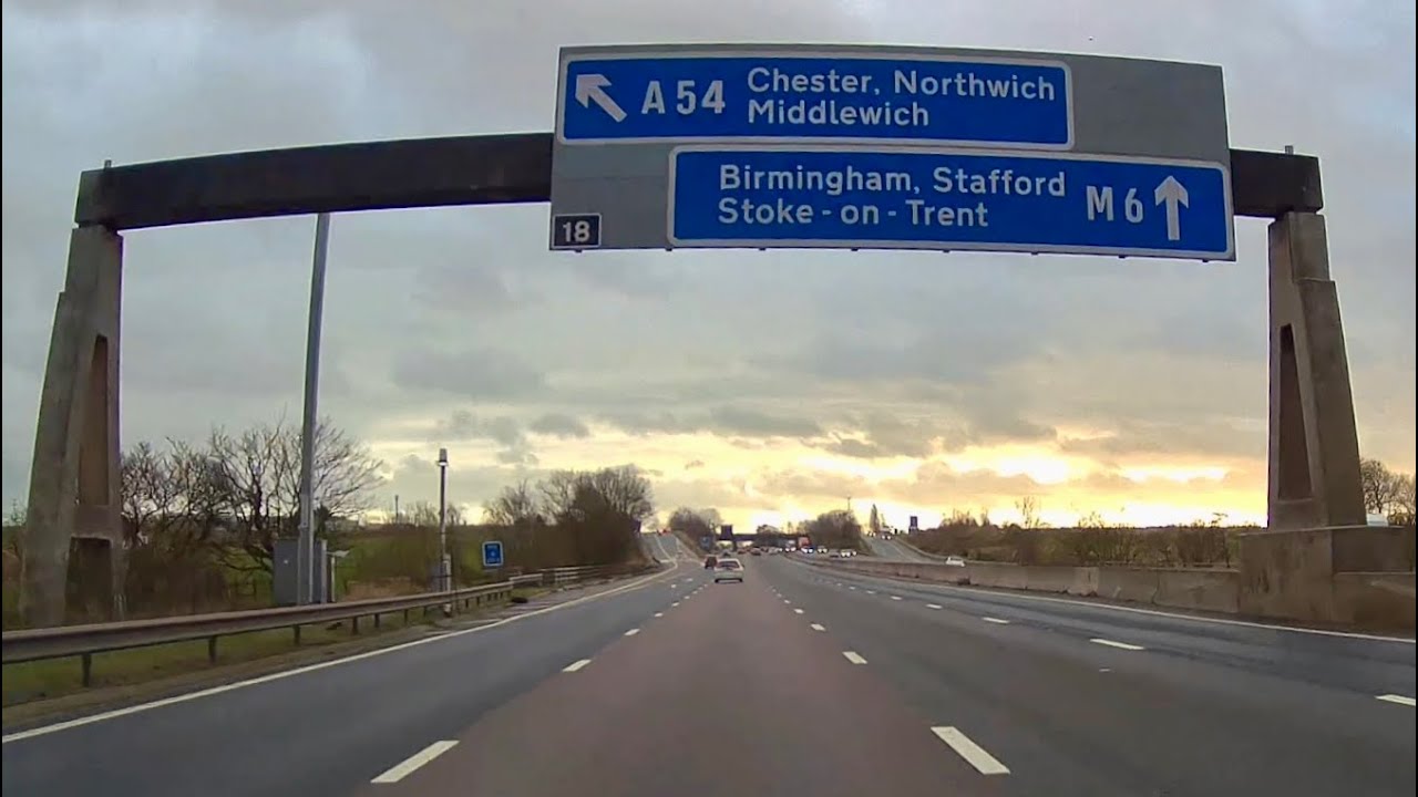 Driving the M6 motorway southbound from J20A Lymm to J18 Middlewich - 9 ...