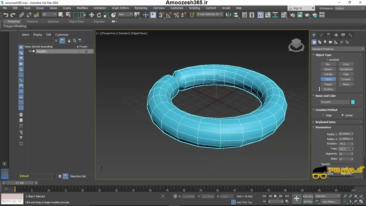 ترسیم موضوع سه بعدی هلالی Torus در نرم افزار تری دی استودیو مکس(3Ds Max 2018) - YouTube
