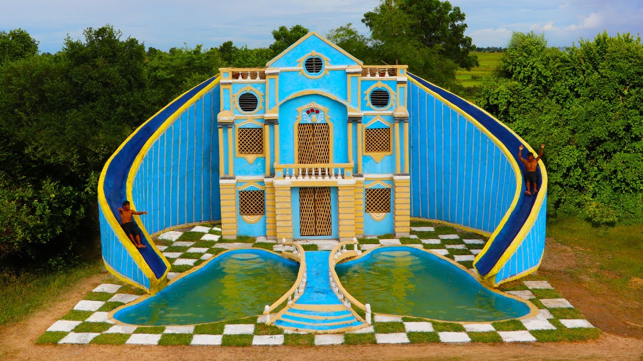 Build Two Story Classic Mud Villa, Twin Water Slide, Beautiful Swimming ...