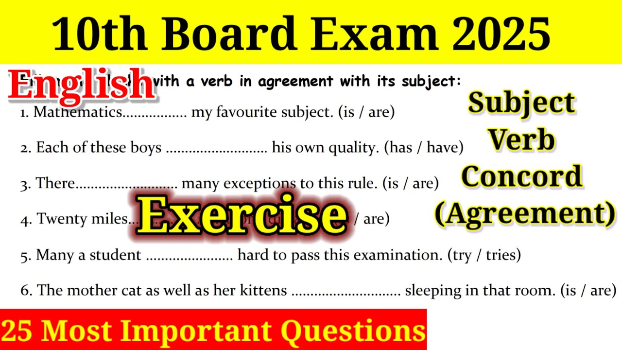 Class 10th Subject-Verb-Concord Exercise || 10th Board 2025 || 25 Most ...