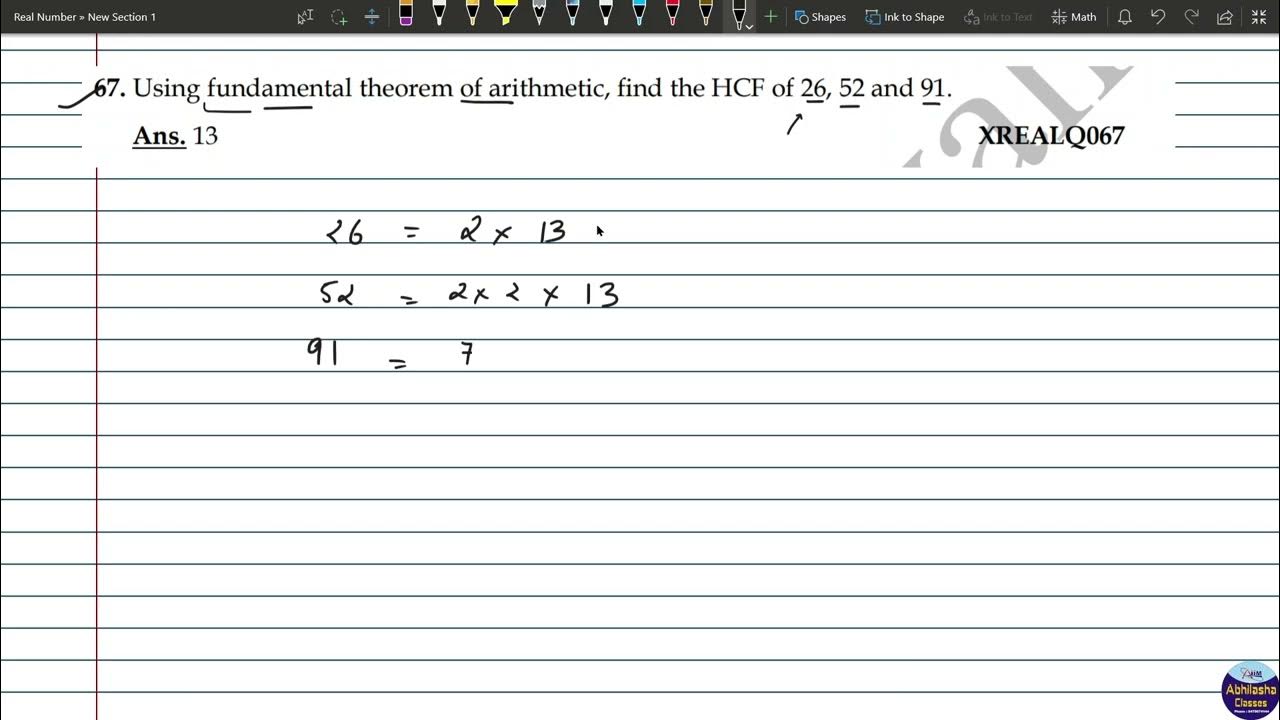 XREALQ067 _ Using fundamental theorem of arithmetic, find the HCF of 26, 52 and 91. - YouTube