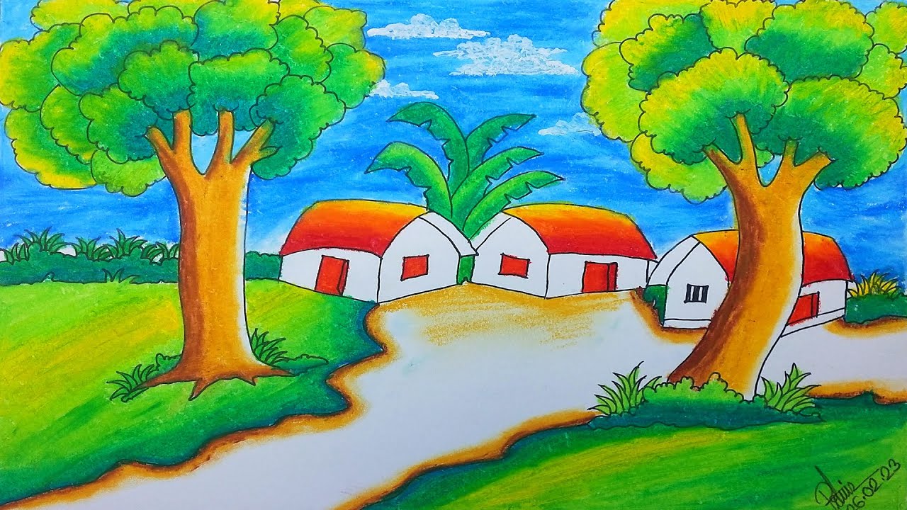 How to Draw Easy Indian Nature Scenery | Landscape Nature Scenery ...