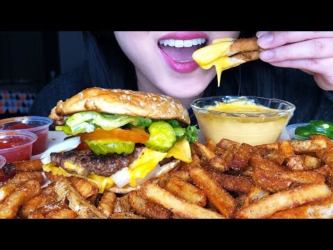 ASMR CHEESY CAJUN FRIES & BURGER MUKBANG (No Talking) | Five Guys Fast Food | ASMR Phan