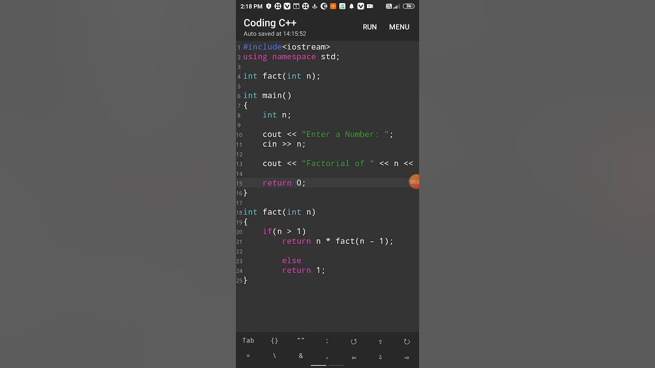 Factorial program in c++ mobile ofline compiler - YouTube