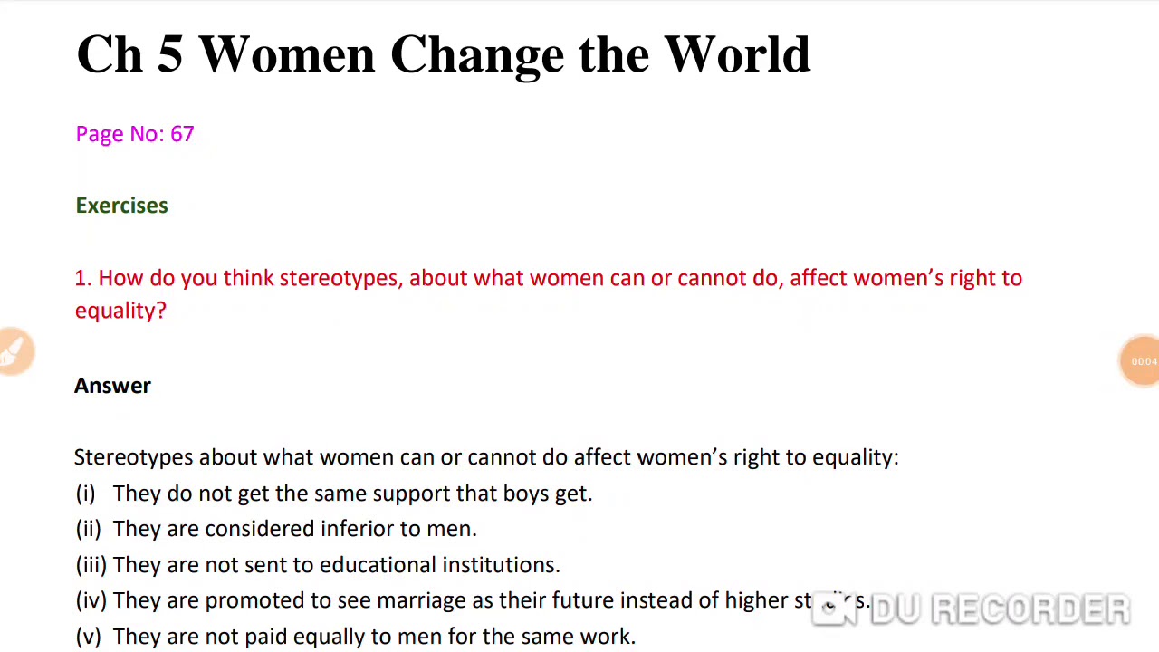 Class 7 chapter Women Change the world question answer - YouTube